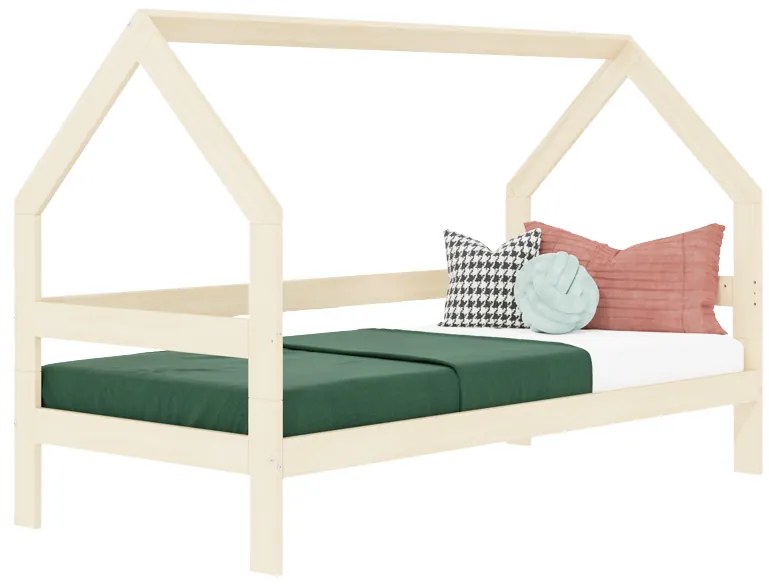 Benlemi Dětská dřevěná postel domeček SAFE 3v1 se zábranou Zvolte barvu: Béžová, Zvolte rozměr: 90x160 cm, Zvolte zábranu: S jednou zábranou