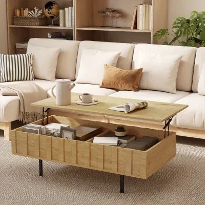 HOMCOM Sklápěcí konferenční stolek se 2 skrytými přihrádkami a žebernými stranami, mid-century-modern styl, 110x55x36,5 cm, dub