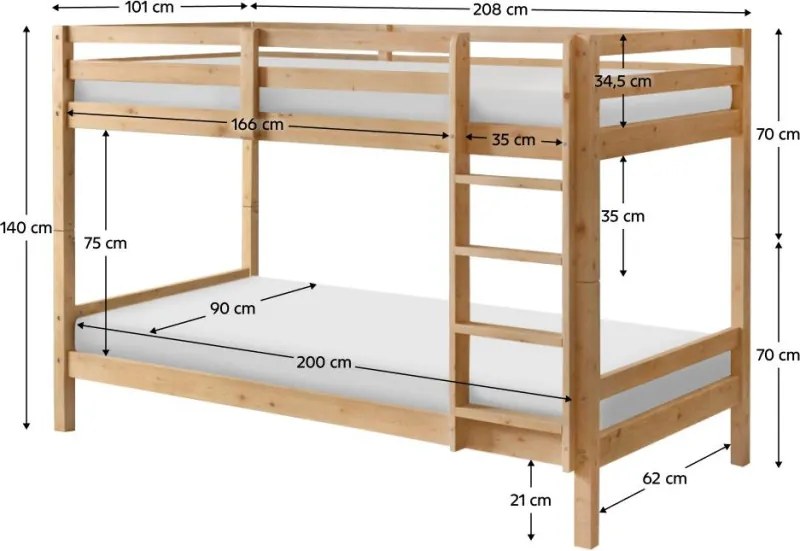 Patrová postel, 90x200, masivní dřevo, přírodní, INEZA Kondela 0000412676