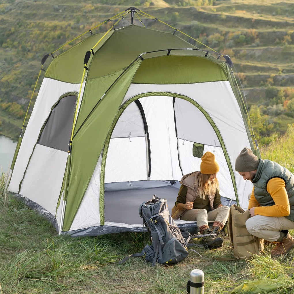 Outsunny Dvojcestný stan pro 4 osoby - Lehce, stabilní, voděodolný, UV 50+ pop-up stan pro kempování s háčkem, dveřmi, oknem, podlážkou, rodinný stan…