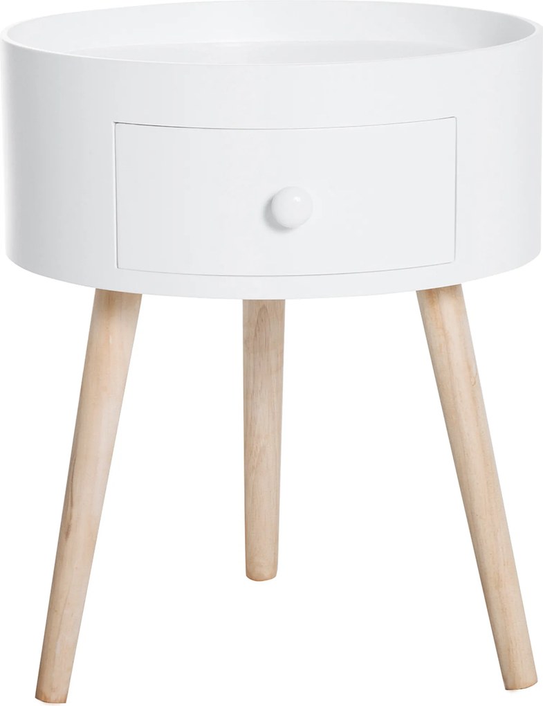 Noční stolek HOMCOM s 1 šuplíkem, kulatý stolek se zvýšeným okrajem a 3 dřevěnými nohami pro moderní styl ložnice a obývacího pokoje Ø38x45 cm Bílý