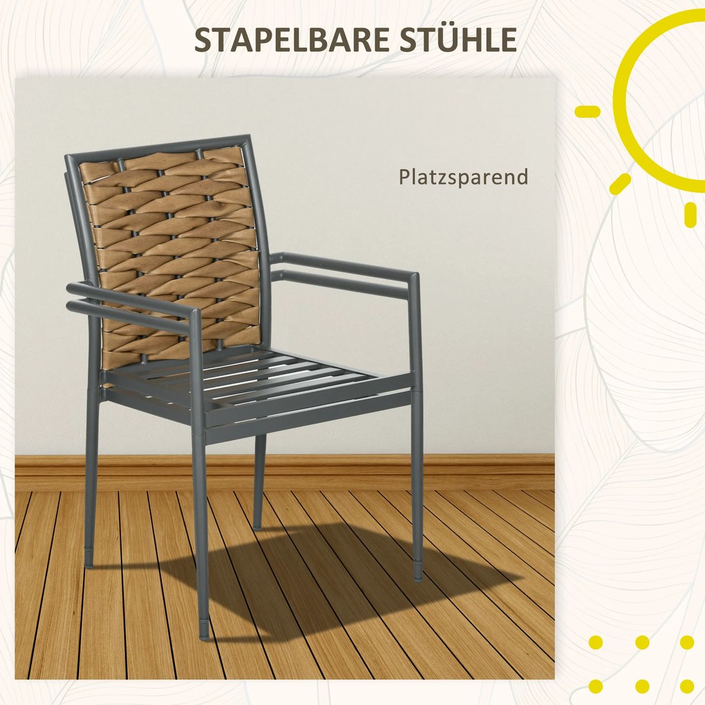 Outsunny sada 2 ratanových zahradních židlí, sada zahradních židlí s polštáři, stohovatelná zahradní židle, balkónová židle, ocel, 57 x 58 x 87 cm, č…