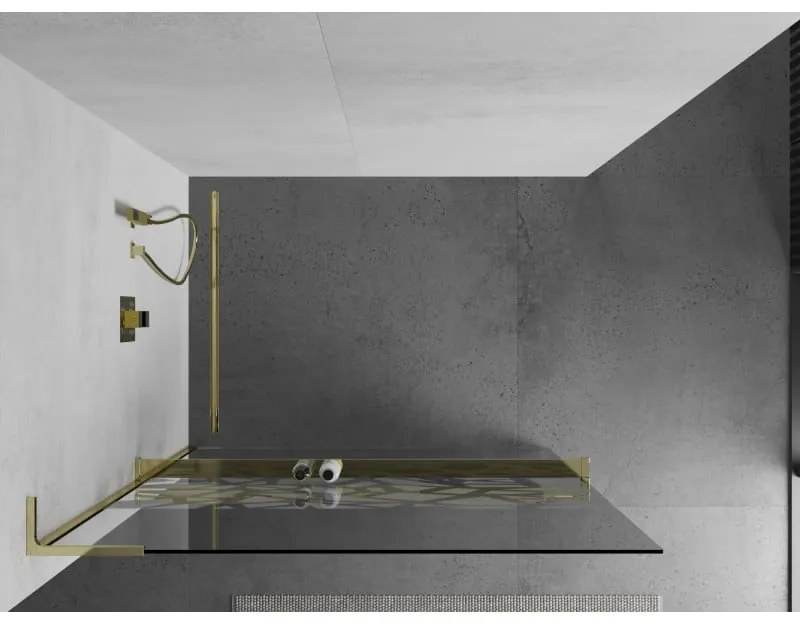 Mexen Kioto+ L, sprchová zástěna Walk-In s poličkou a věšákem 120 x 200 cm, 8mm čiré sklo bílý vzor, zlatý lesklý profil, 800-120-123-50-85