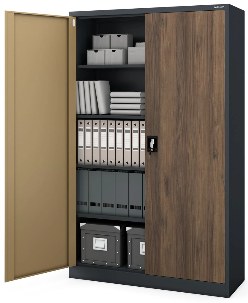 Kovová kancelářská skříň na dokumenty široká bílá antracit/ořech, 1150x1850x400 mm: JAN II Eco Design