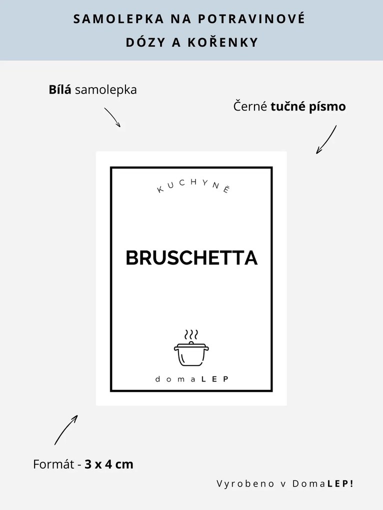 Samolepka na kořenky BRUSCHETTA bílá 3 × 4 cm tučné písmo