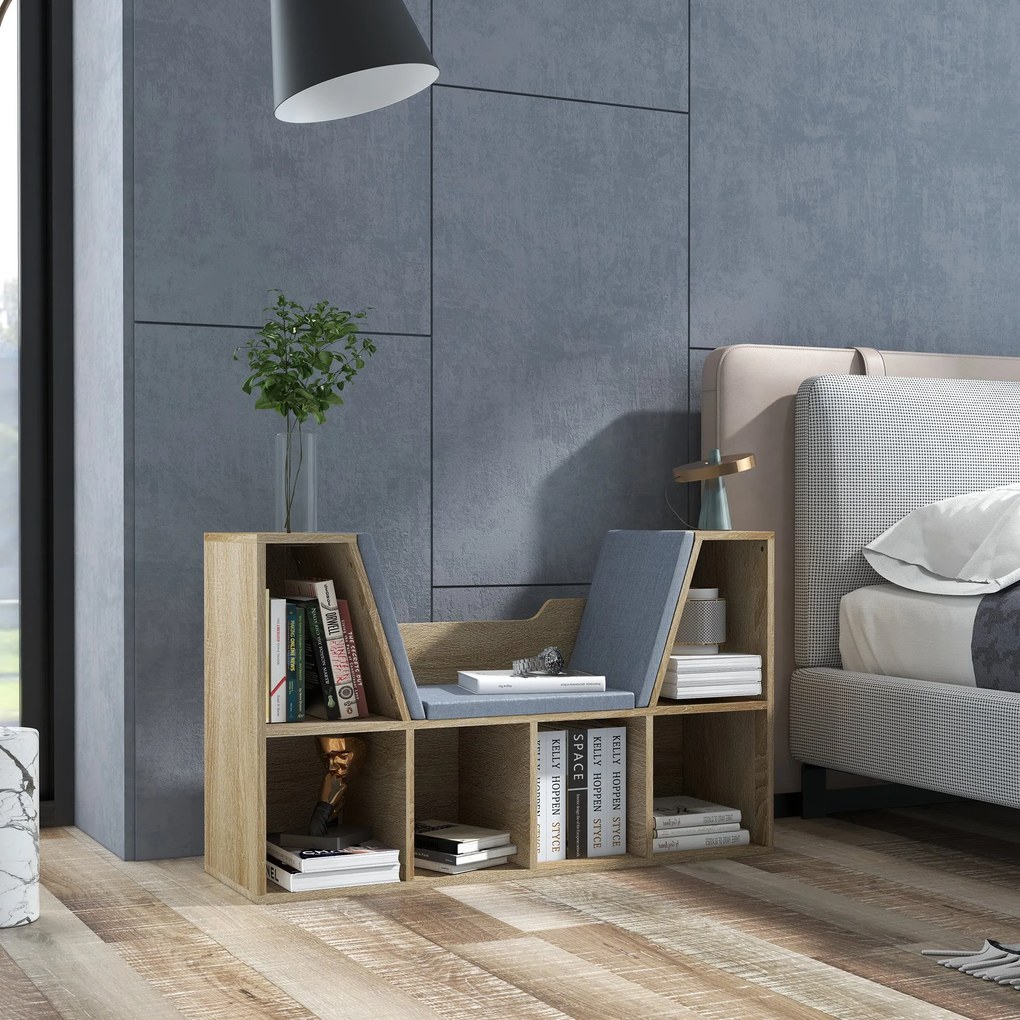 HOMCOM Moderní design 2-v-1 Knihovna s lavičkou s 6 přihrádkami a 3 polštáři Dub šedý 102D x 30Š x 61V cm