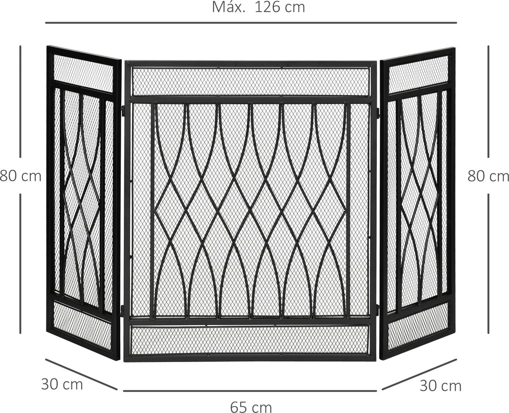 HOMCOM Skládací Ochranná Zástěna Krbu s 3 Panelovým Kloubovým Kovovým Rámem 126x3x80 cm Černá