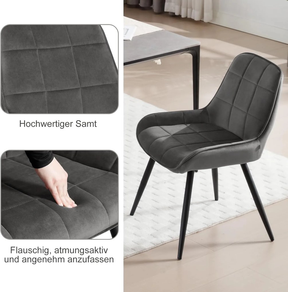 WOLTU Sada 2 čalouněných jídelních židlí z sametu s ergonomickou opěrkou, tmavě šedá