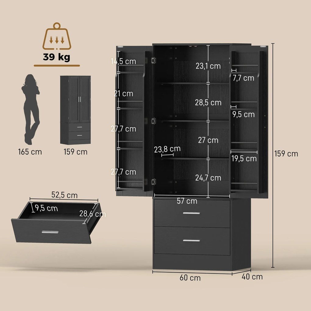 HOMCOM Skladovací skříň 8 dveřových polic, nastavitelné police, kuchyňská skříň 159 cm černá
