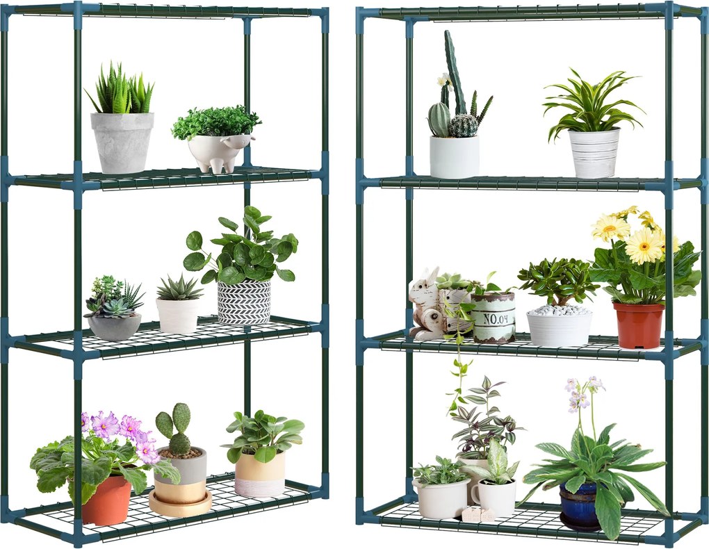 Outsunny Rostlinný stojan 2-pack, stojan na rostliny se 4 úrovněmi, květinový stojan, regál na květiny pro balkon, zahradu, skleník, ocel, zelený, 70