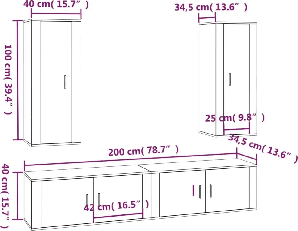 vidaXL 4dílný set TV skříněk kompozitní dřevo [3188849] Barva: Betonová šedá