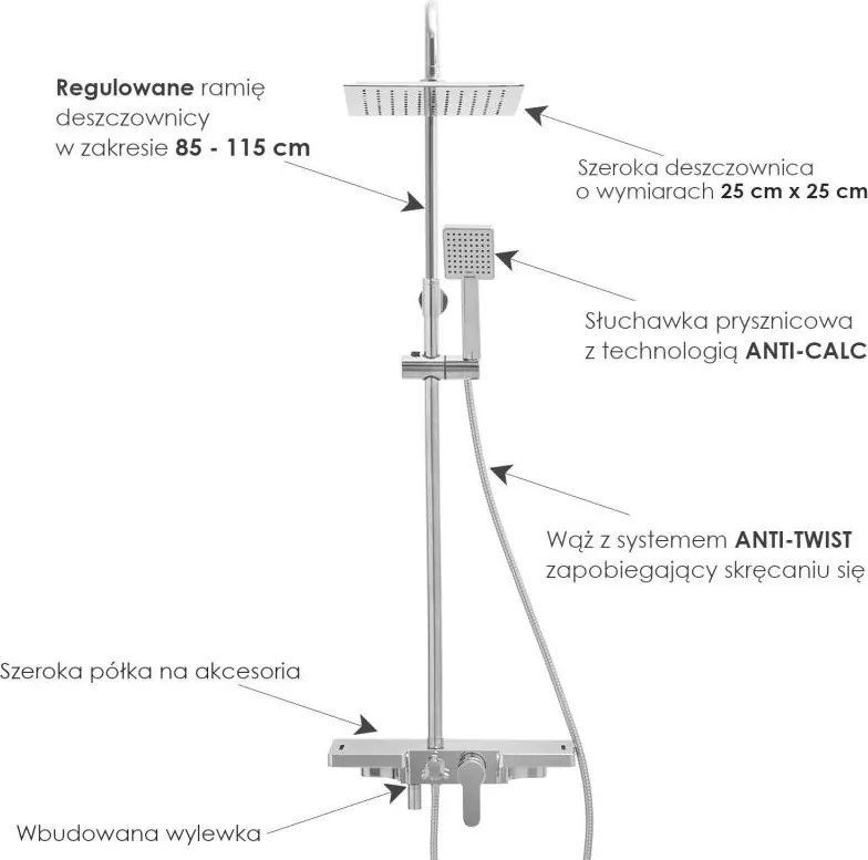 Erga Oslo, sprchová souprava s pákovou baterií a policí, chromová, ERG-YKA-BP.OSLO-25-CHR