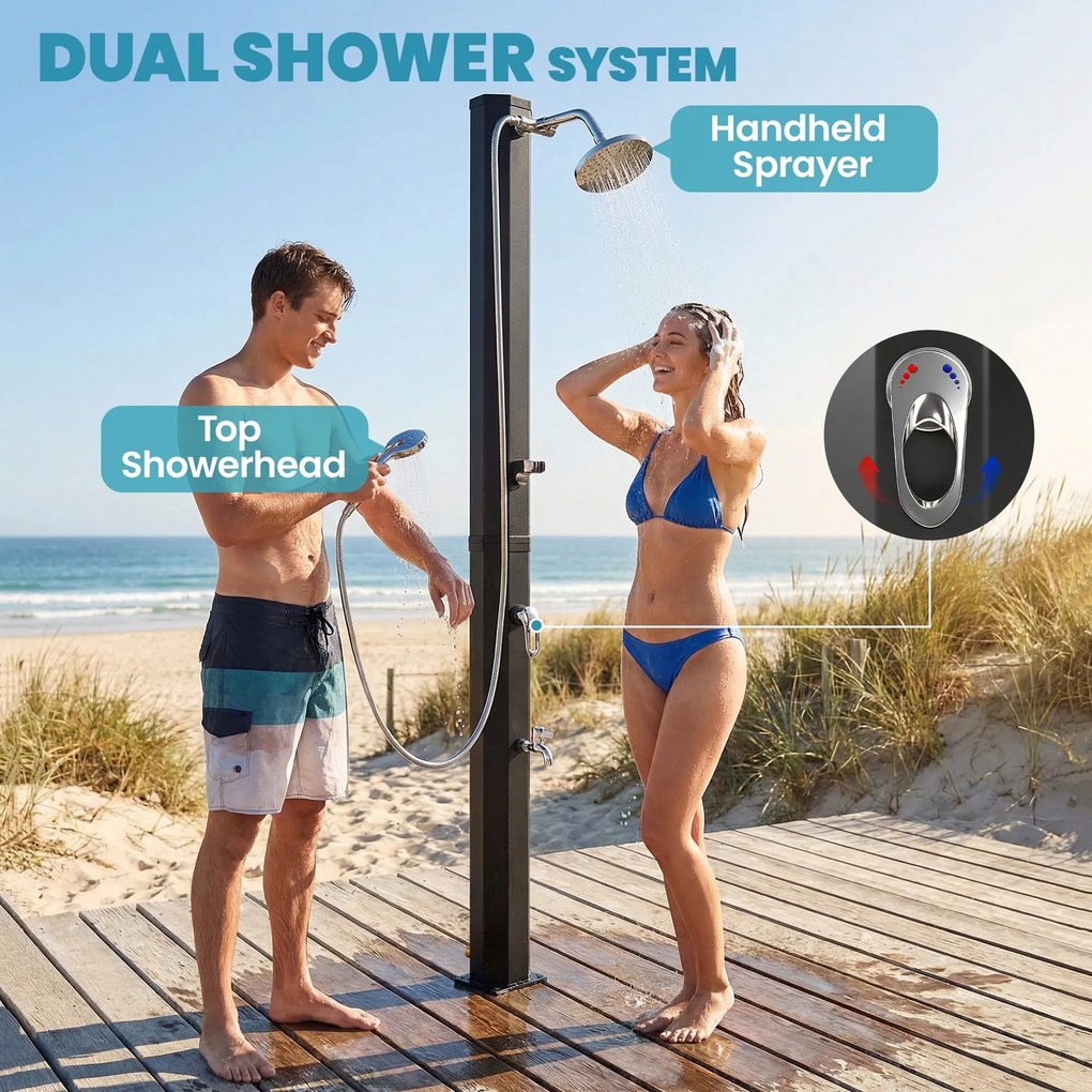 Outsunny solární zahradní sprcha 35 l – ochrana proti zamrznutí, dvojité dešťové hlavice, nožní kohoutek, max. teplota vody 60 °C, pro bazény a kempo…