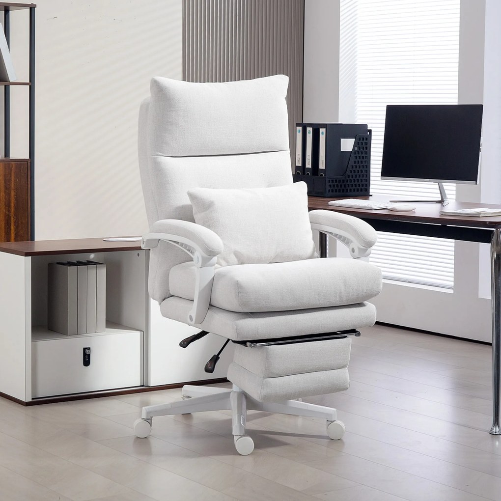 HOMCOM Ergonomická kancelářská židle s bederní oporou, vysokým opěrákem, podnožkou, výškově nastavitelná otočná židle s vzhledem lnu, polstrovaná poč…