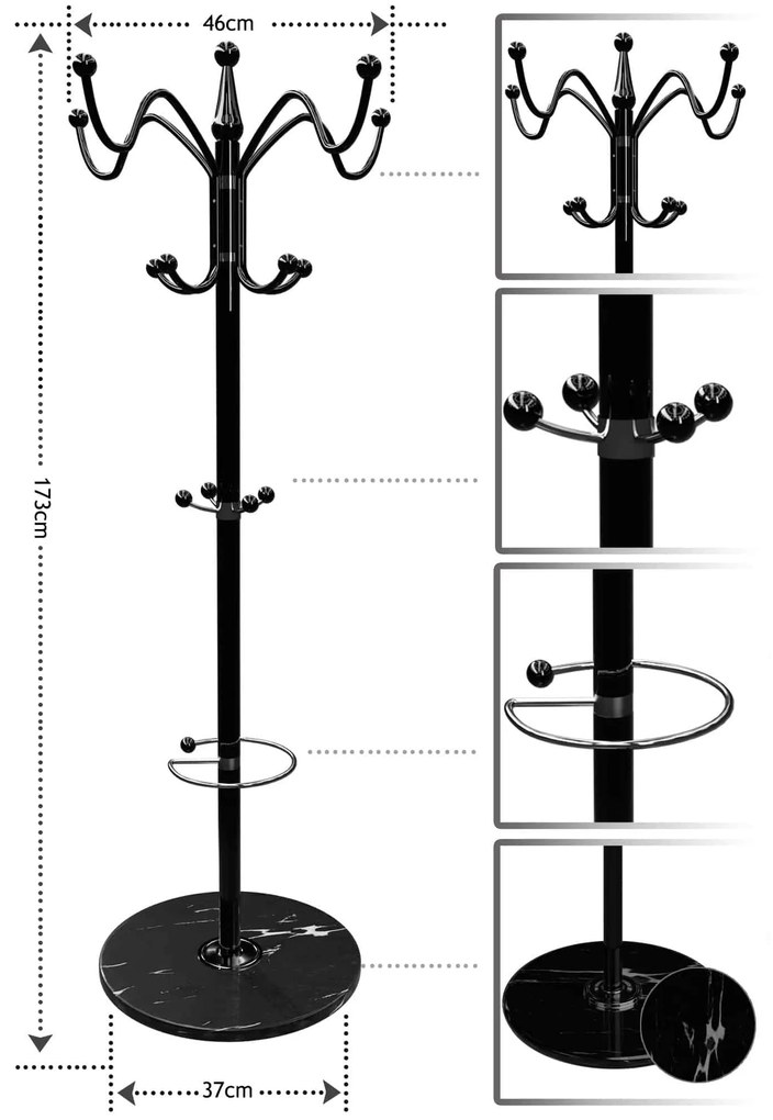 Stojanový věšák TENZY s mramorovým podstavcem, 37x173cm, černá Casaria