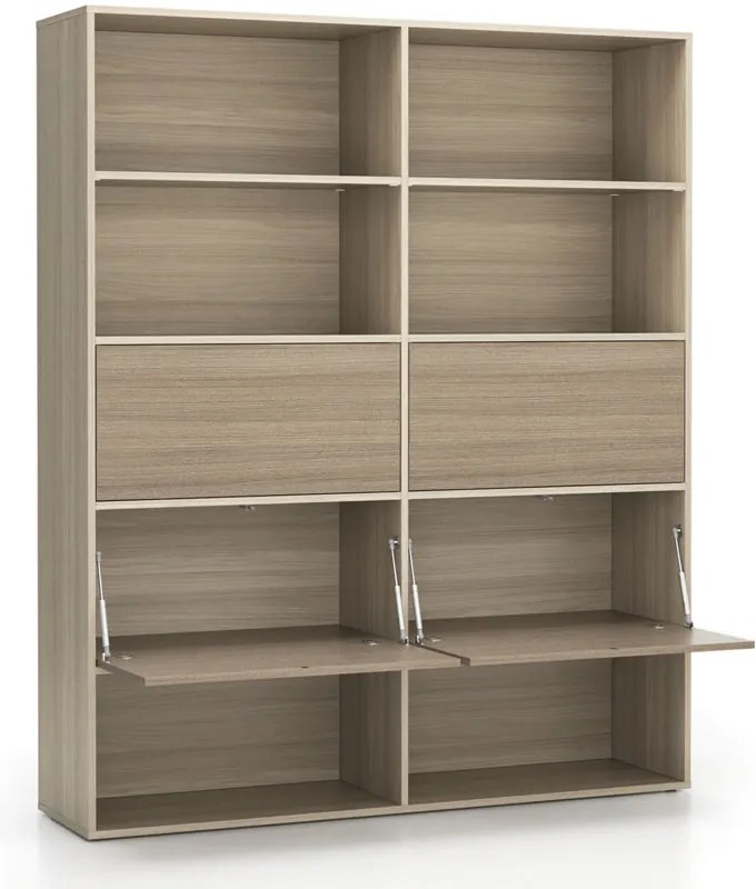 Široký kancelářský policový regál LAYERS, 4 boxy, 1582 x 400 x 1905 mm, dub přírodní / dub mořený