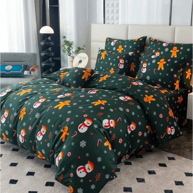 Polybavlněné povlečení SNĚHULÁK A PERNÍČEK POLY zelené Rozměr povlečení: 2 ks 70 x 90 cm | 200 x 220 cm