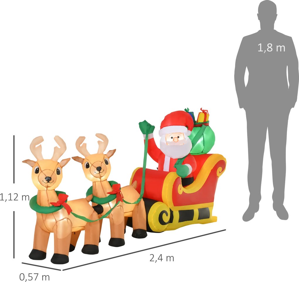 HOMCOM Nafukovací Santa Claus se sáňkami, 6 LED světel, voděodolný, 240 x 57 x 112 cm
