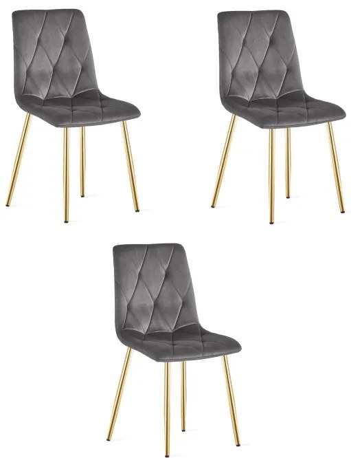 Set tří jídelních židlí LIBRA sametové, tmavě šedé / zlaté nohy (3 ks)