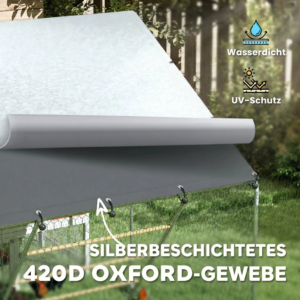 Ocelový výběh pro kuřata PawHut, 300 x 200 x 195 cm, klec pro kuřata s krytem odolným proti UV záření, dvířka na krmení, závěsné krmítko, bidýlko, vý…