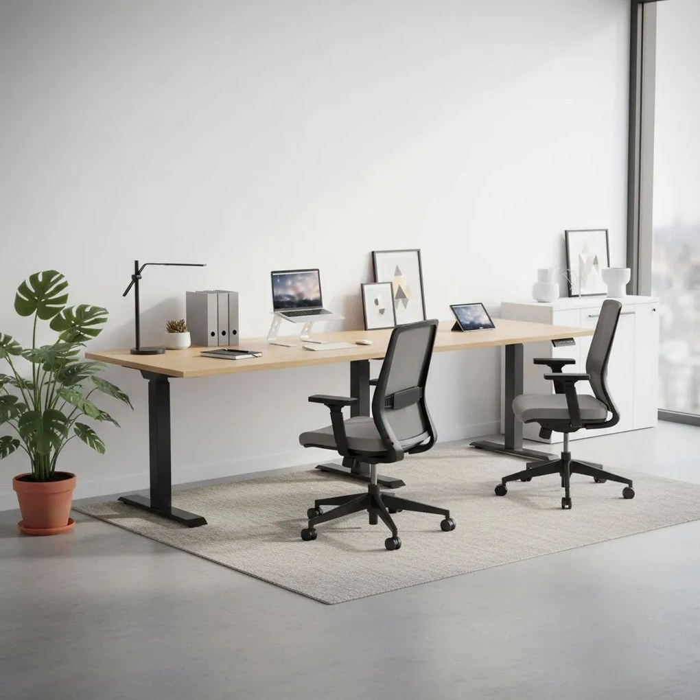 Výškově nastavitelný stůl OfficeTech Long, 260 x 80 cm, černá podnož, dub kamenný
