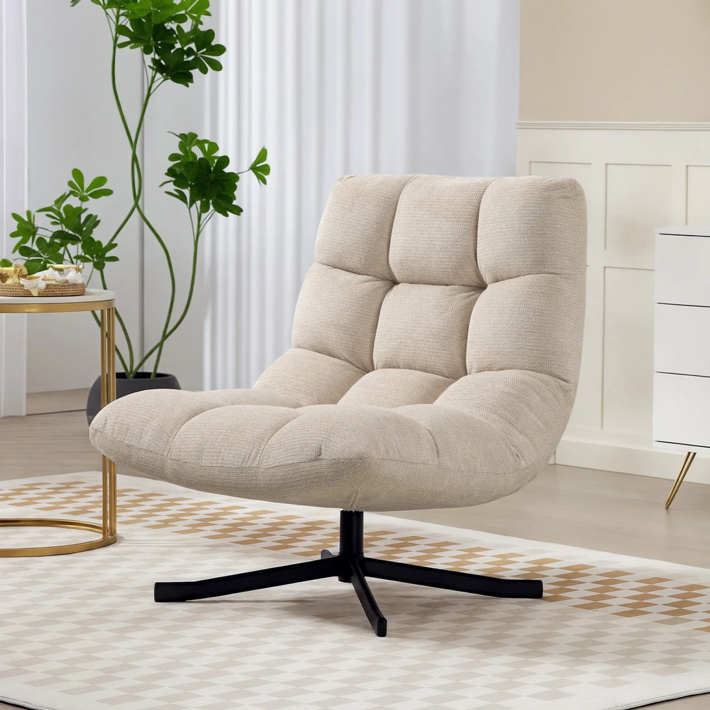 HOMCOM křeslo do obývacího pokoje bez opěrek, otočné o 360°, voděodpudivá tkanina chenille, široký sedák, 75 x 95 x 90 cm, krémová