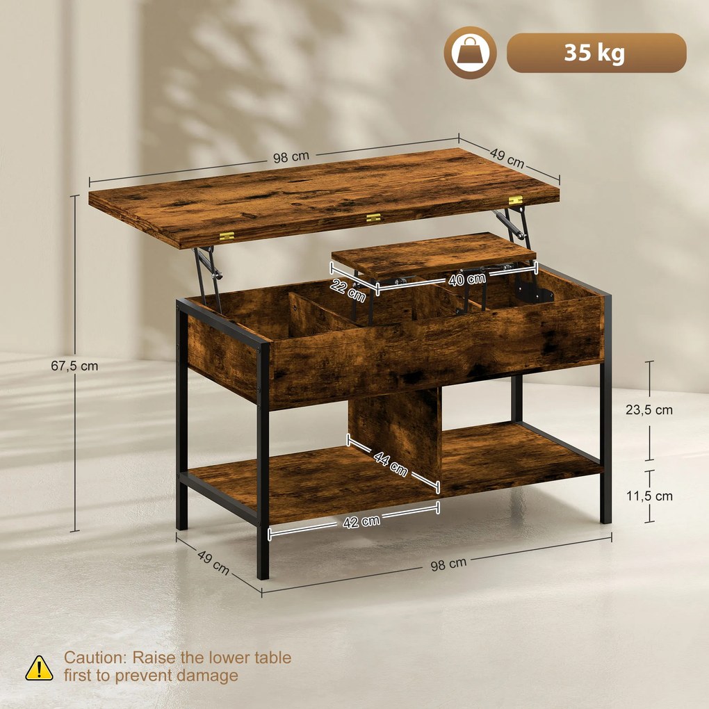 HOMCOM výškově nastavitelný a vysouvací konferenční stolek, obývací stůl s ukrytým přihrádkou a otevřenými policemi, 98x49x55 cm, rustikálně hnědý