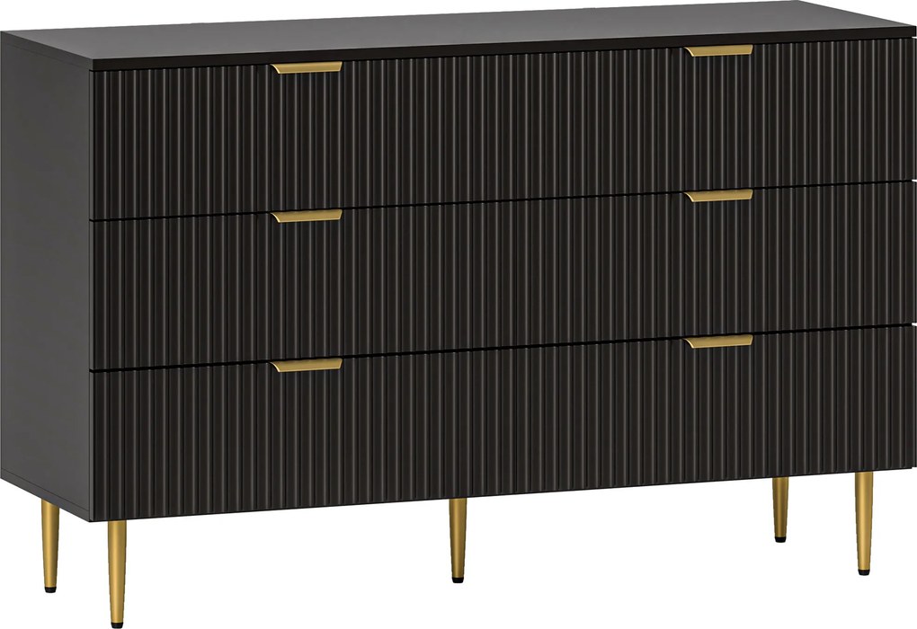 HOMCOM moderní komoda se 6 zásuvkami se zlatými úchyty, 120x40x76,5 cm, černá