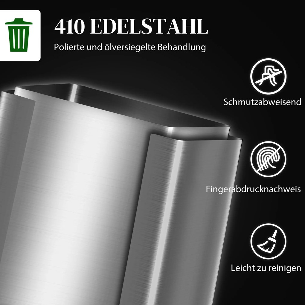 Odpadkový koš s přihrádkami o objemu 2x30 l, měkce zavíratelné víko, odolný proti otiskům prstů, nerezová ocel, stříbrná barva