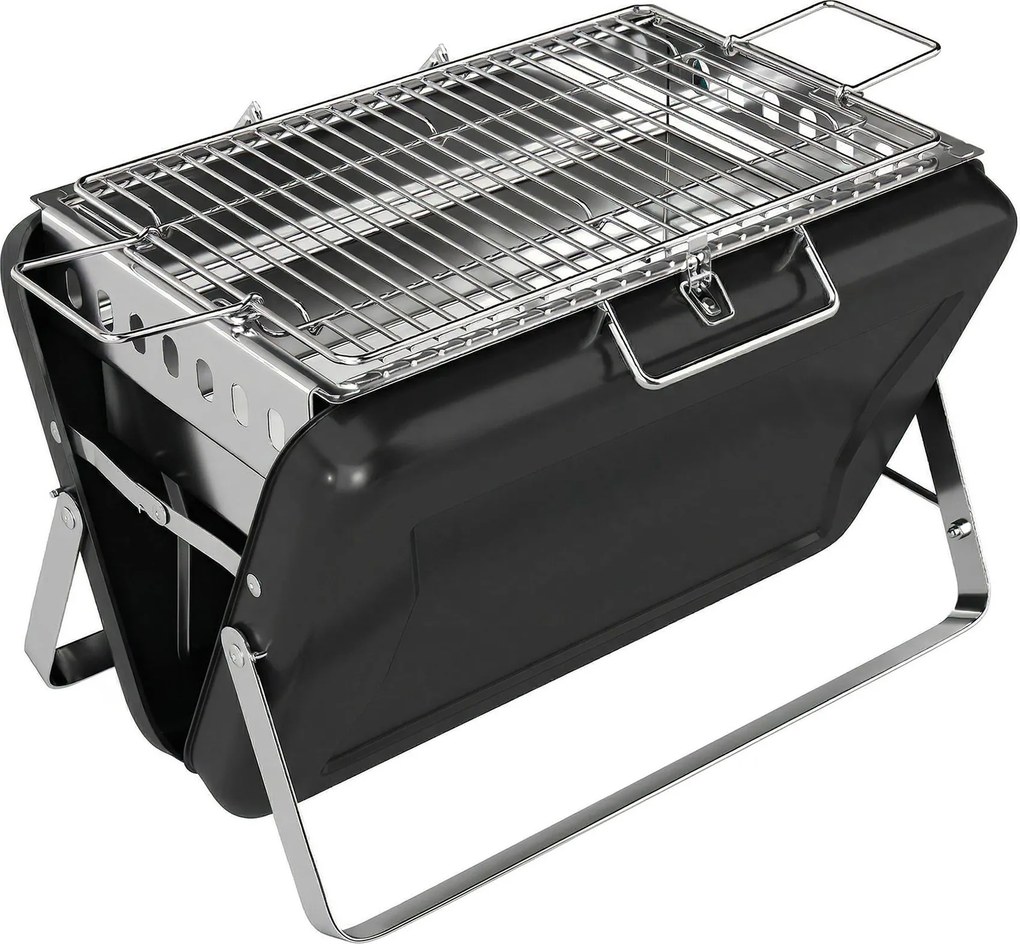Outsunny Gril na dřevěné uhlí z nerezové oceli BBQ udírna s grilovacím roštem rukojeť skládací nohy pro grilování kempování 40x28x25,5cm černá