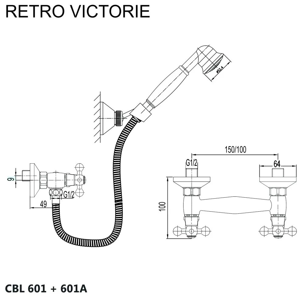 Mereo Mereo, Sprchová nástěnná baterie, Retro Viktorie, s příslušenstvím, chrom, CBL601