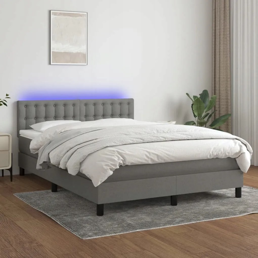 Box Spring Postel S Matrací A Led Textil Tmavě Šedá tlačítka 140 x 200 cm