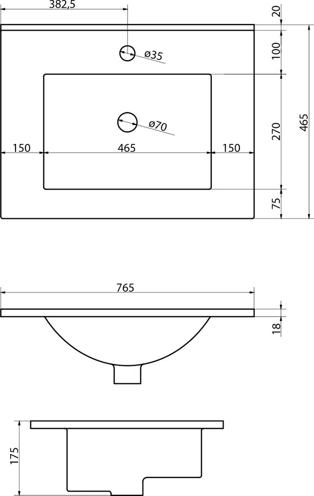 Sapho Slim keramické umyvadlo 75 x 46 cm bílé 1601-75
