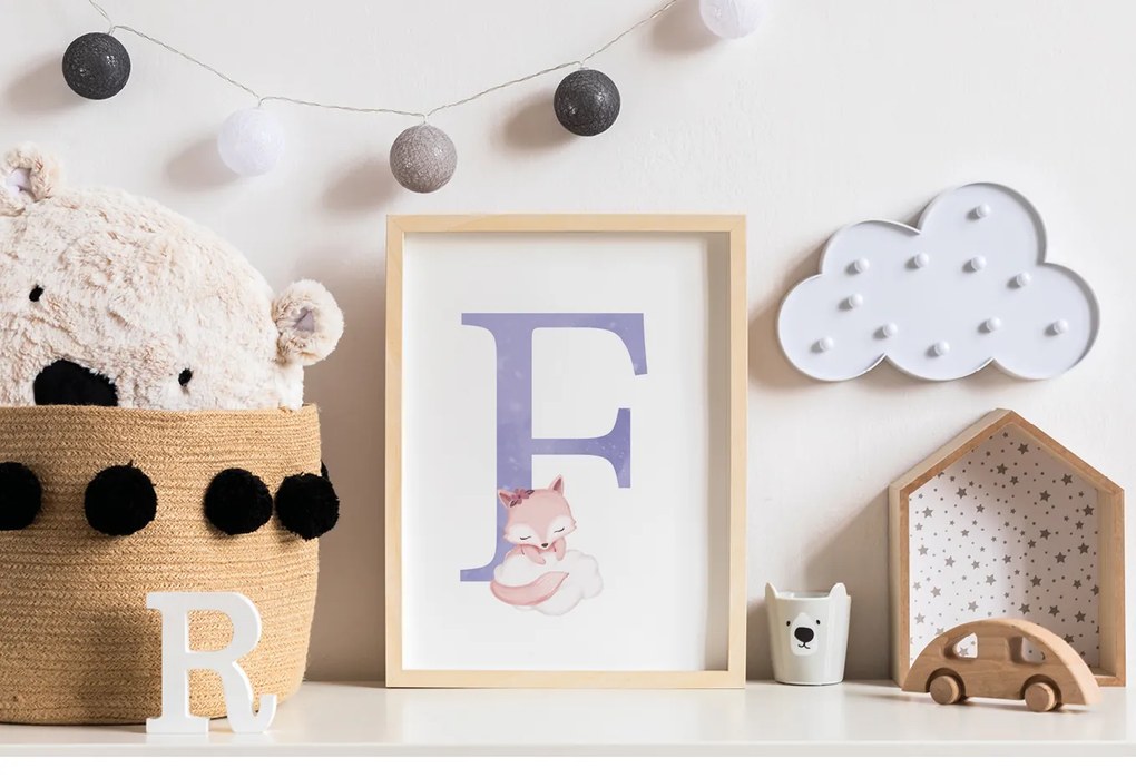 Abeceda písmena s liškou - Obraz, Plakát Velikost: A3 - 29,7x42 cm, Volba rámu: s černým rámem, Písmeno: E