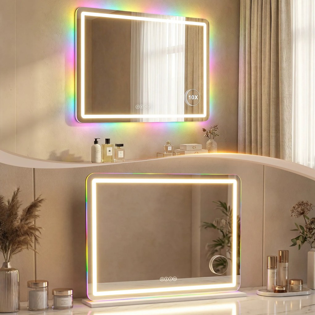 HOMCOM osvětlené make-up zrcadlo 80x60 cm, stmívatelné LED toaletní zrcadlo, RGB světlo, 3 barevné teploty, bílé