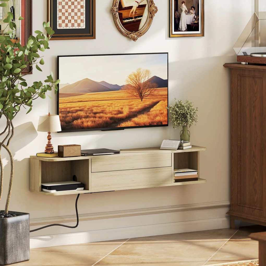 HOMCOM závěsný televizní nábytek, TV stolek pro televizi 127 cm, zásuvka, police, průchodky na kabely, 120x24x22,4 cm, vzhled přírodního dřeva