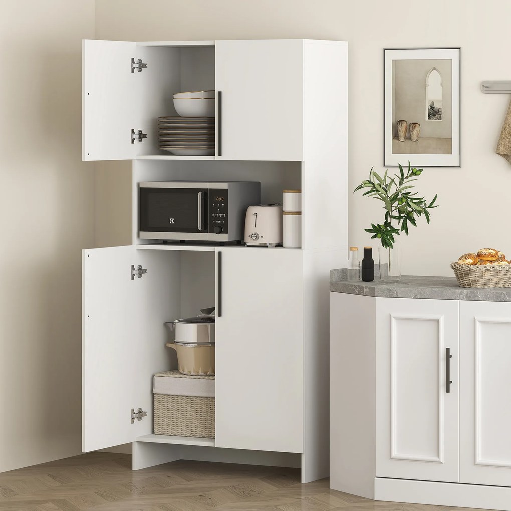 HOMCOM Kuchyňská Skříňka Buffet se Pracovní Deskou, 2 Dveře, 2 Skříňky, Vysoká Skříň s Tichými Závěsy, Mikrovlnková Skříňka s Moderním Designem, Bílá