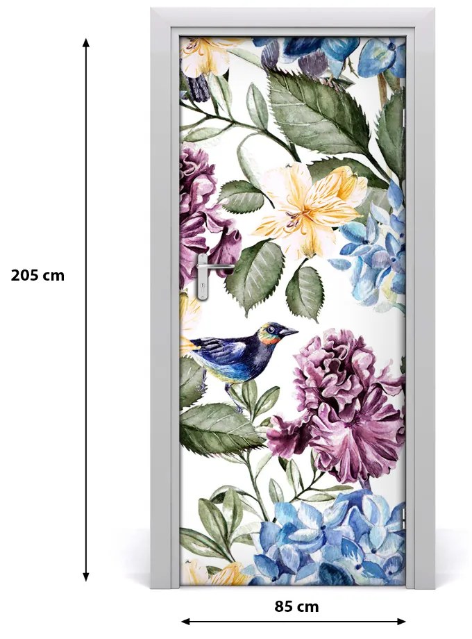 Samolepící fototapeta na dveře květiny a ptáci 85x205 cm