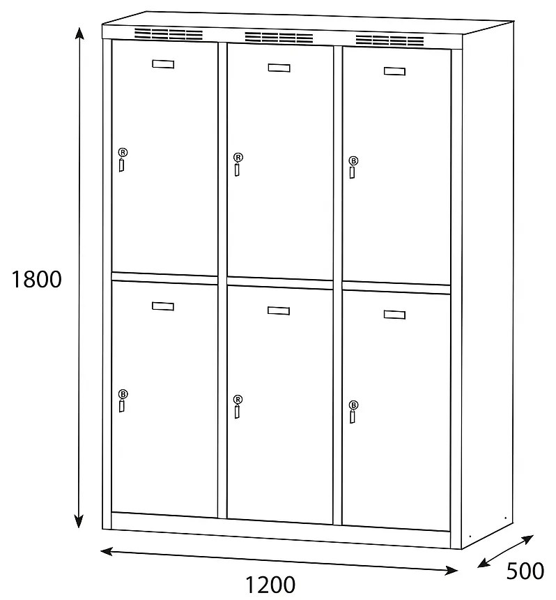 Šatní skříňka S6 s úložnými boxy, 6 boxů, 1800 x 1200 x 500 mm, otočný zámek, červené dveře
