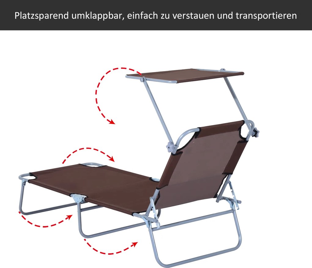 Zahradní lehátko Outsunny skládací s ochranou proti slunci hnědé 187x58x36 cm na terasu a balkon | Aosom.de