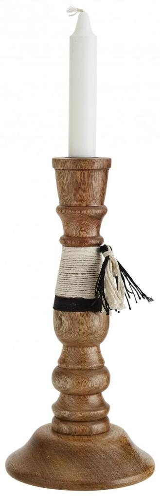 MADAM STOLTZ Dřevěný svícen White Black Tassel 25 cm, hnědá barva, dřevo, textil
