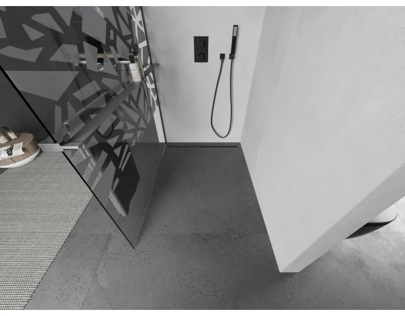 Mexen Kioto+, sprchová zástěna Walk-In s poličkou a věšákem 120 x 200 cm, 8mm čiré sklo bílý vzor, grafitový profil, 800-120-121-66-85