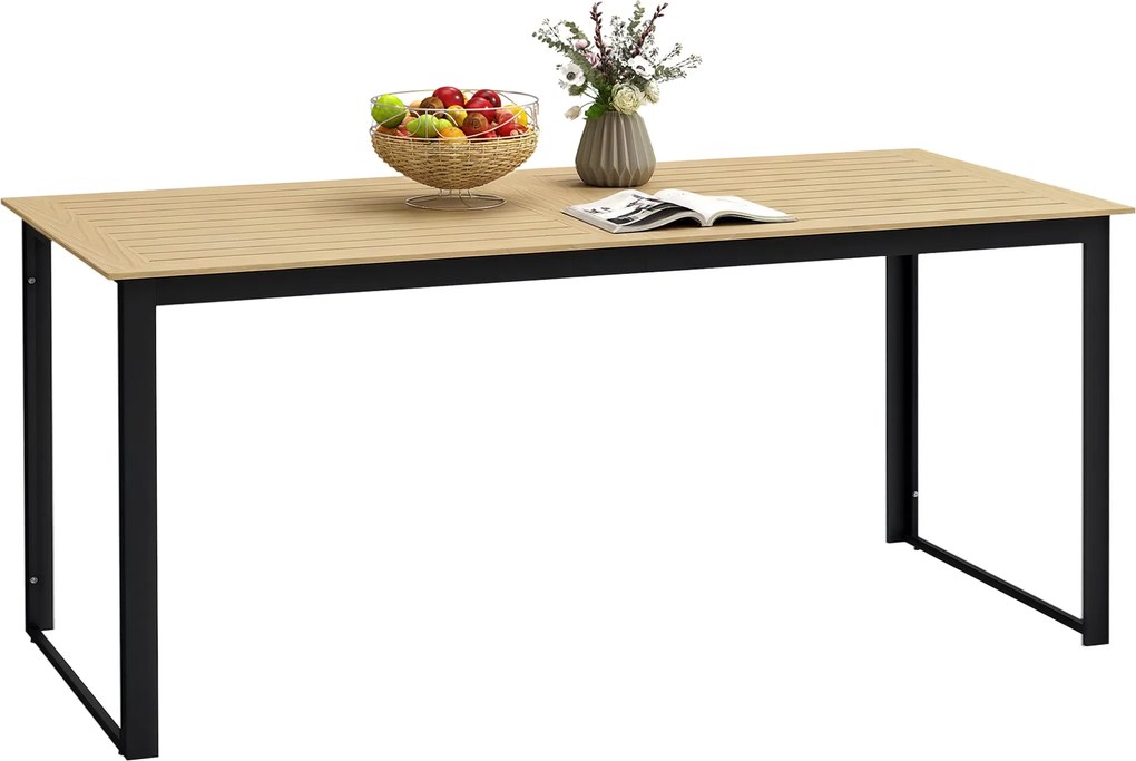 Zahradní stůl Outsunny, kovový, 175x78 cm, odolný vůči povětrnostním vlivům, balkonový stůl s dřevěným vzhledem, design s latěmi, bufetový stůl pro ke