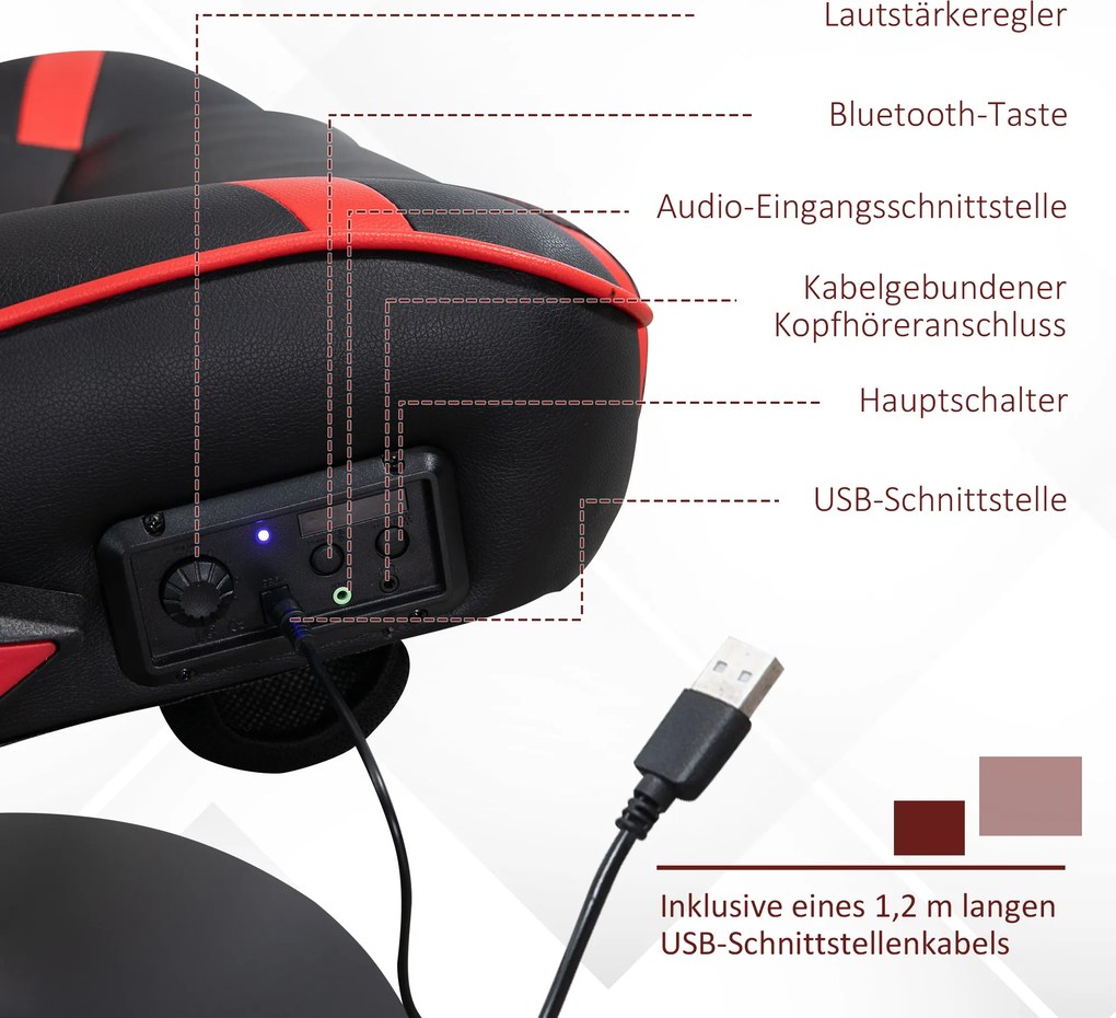 Výškově nastavitelná herní židle Vinsetto s ergonomickou houpací funkcí, reproduktory, bederní a krční opěrkou z umělé kůže | Aosom.de