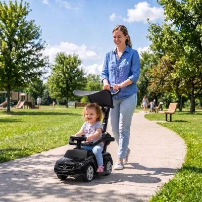 AIYAPLAY 3-v-1 jezdící auto s tlačnou tyčí Mercedes-Benz jezdící vozidlo s volantu, klaksonem, hudbou, střechou, úložným prostorem pod sedadlem, černé
