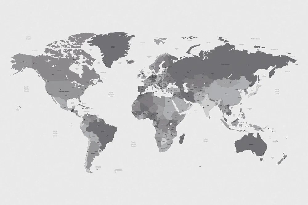 Tapeta detailní mapa světa v černobílém provedení - 225x150 cm