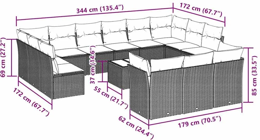 14dílná zahradní sedací souprava podušky světle šedá polyratan 3218462