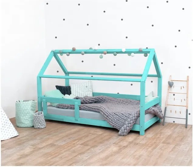 Tyrkysová dětská postel s bočnicí ze smrkového dřeva Benlemi Tery, 70 x 160 cm