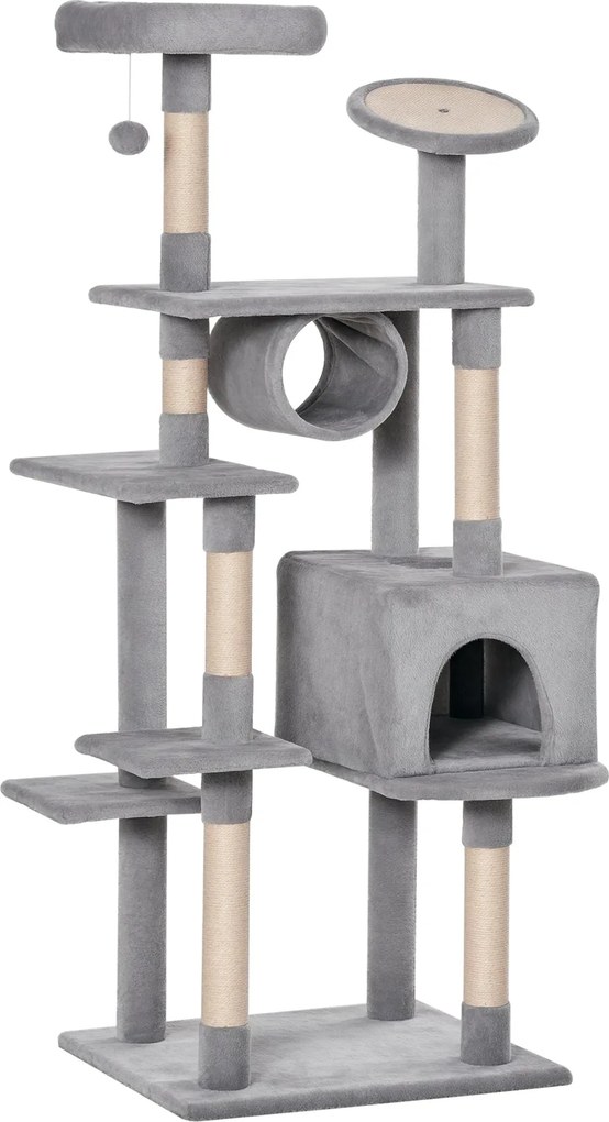 PawHut Sloupový Škrabací Strom 165cm se Škrabací Deskou a Vysedávadly pro Koťata a Dospělé Kočky do 4,5 kg, Šedý, 60x50x165cm | Aosom