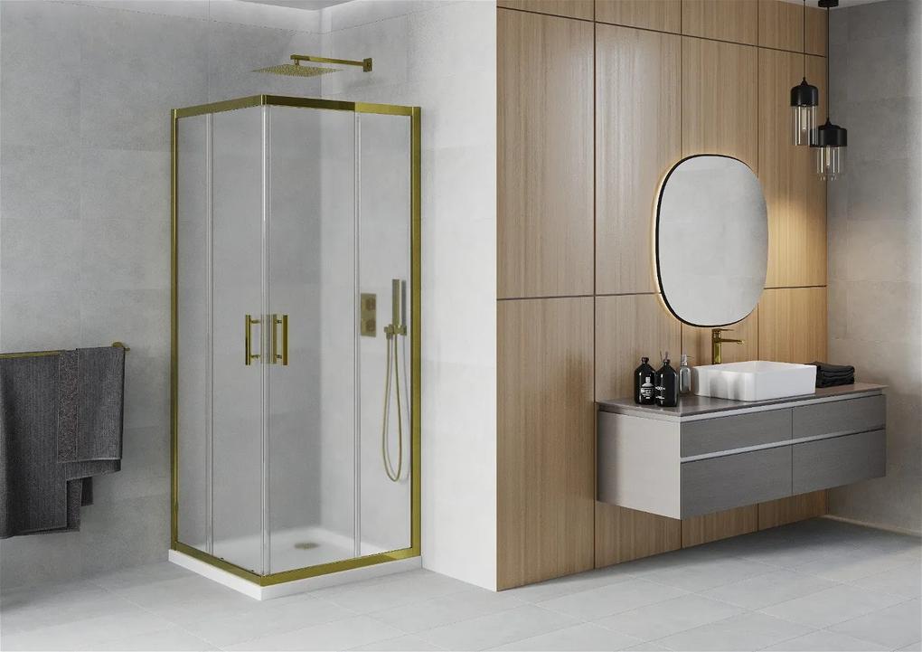 Mexen Rio, čtvercový sprchový kout s posuvnými dveřmi 90 (dveře) x 90 (dveře) x 190 cm, 5mm sklo námraza, zlatý profil + bílá sprchová vanička SLIM, 860-090-090-50-30-4010G